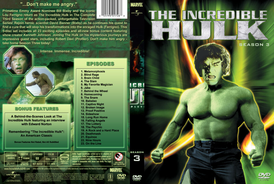 The Incredible Hulk (part of a spanning spine set) - Season 3 dvd cover ...