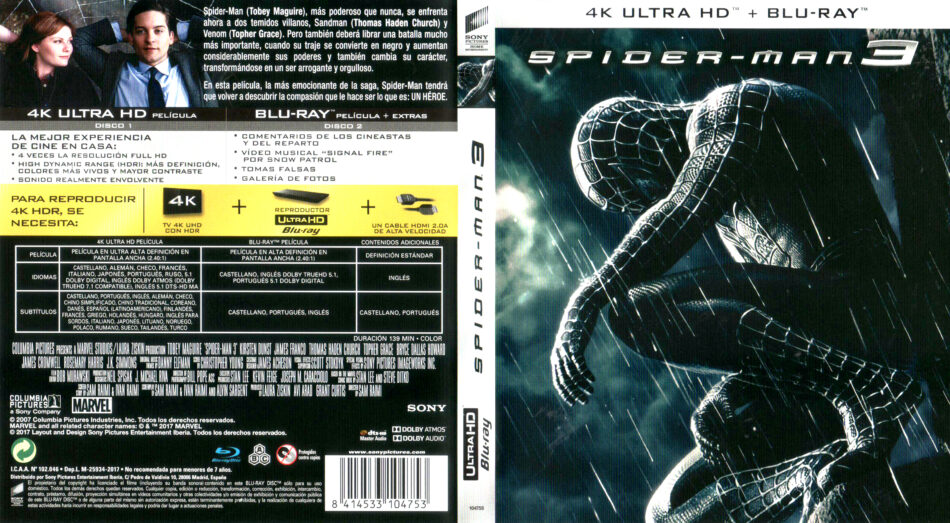 SPIDER-MAN 3 (2007) (SPAIN) 4K UHD BLU-RAY COVER & LABELS - DVDcover.Com