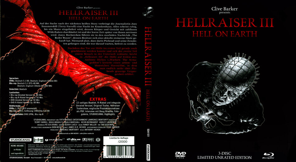 Hellraiser 3: Hell on Earth Blu-Ray DVD Cover (1992) R2 German